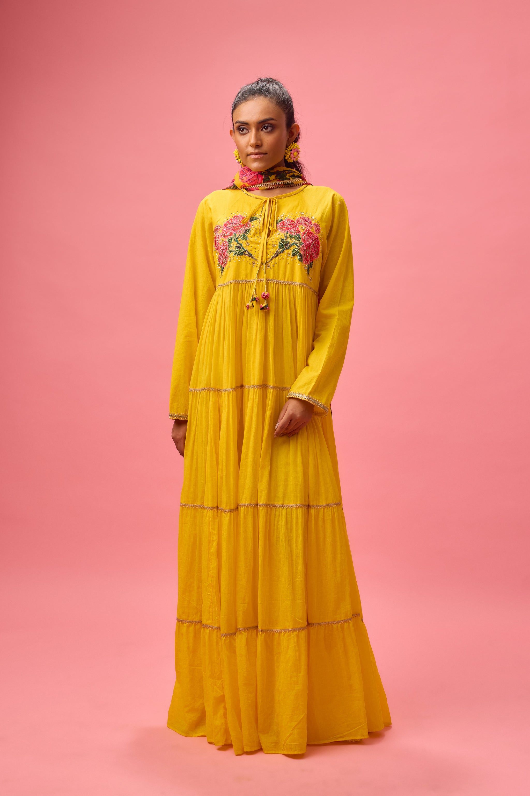 COTTON SOLID YELLOW ROSE APPLIQUE KALIDAR PAIRED WITH PRINTED DUPATTA