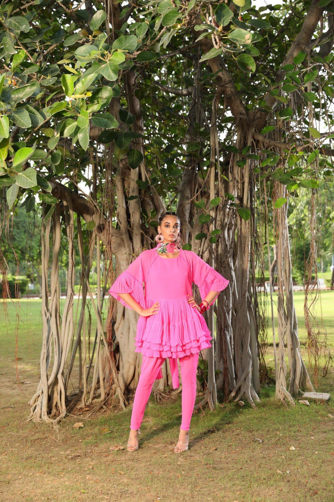 Hot pink tiered ggt kurta with churidar and embroidered dupatta