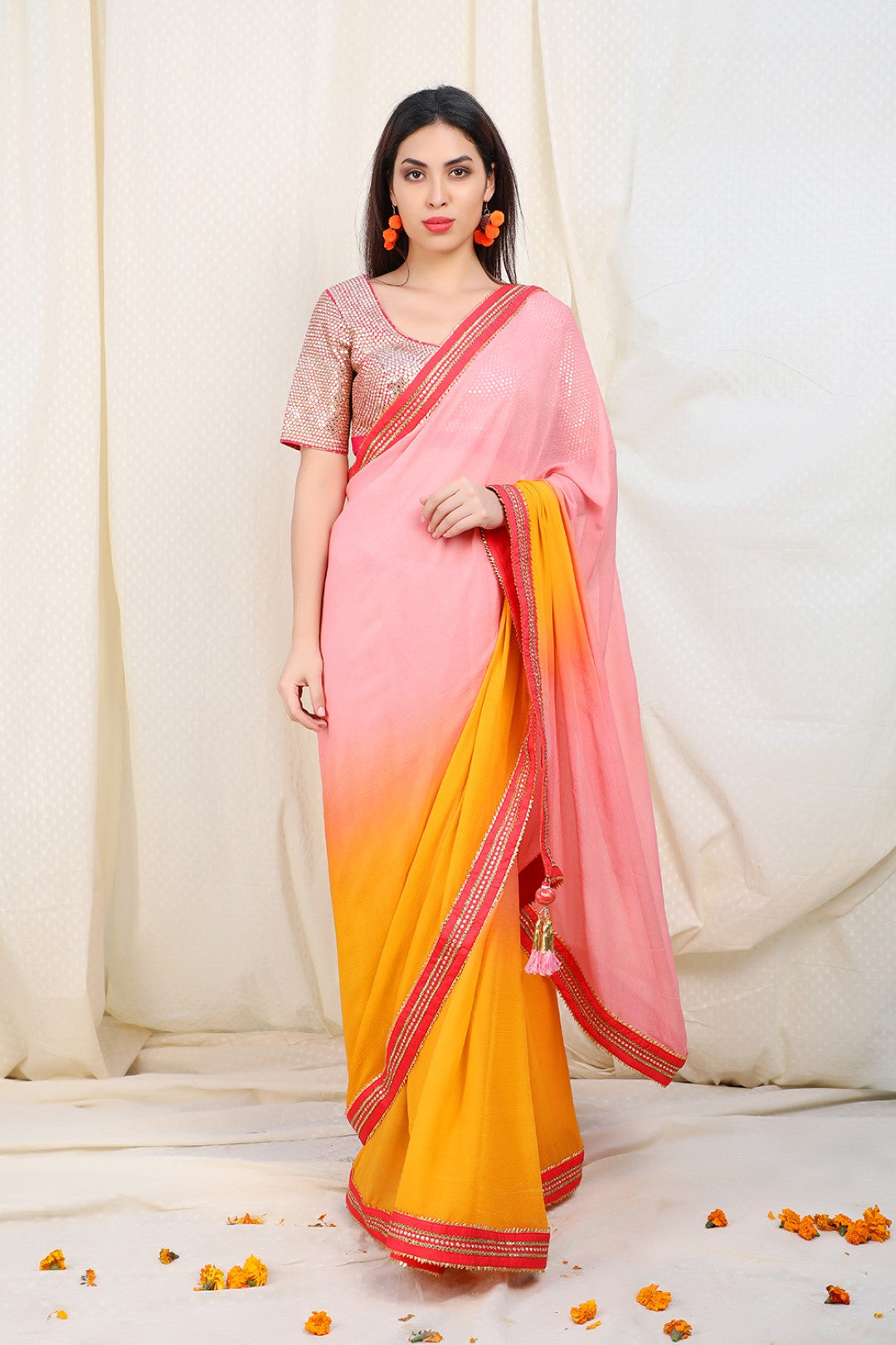 Ombre lotus pink to haldi chiffon saree with rose red abla border