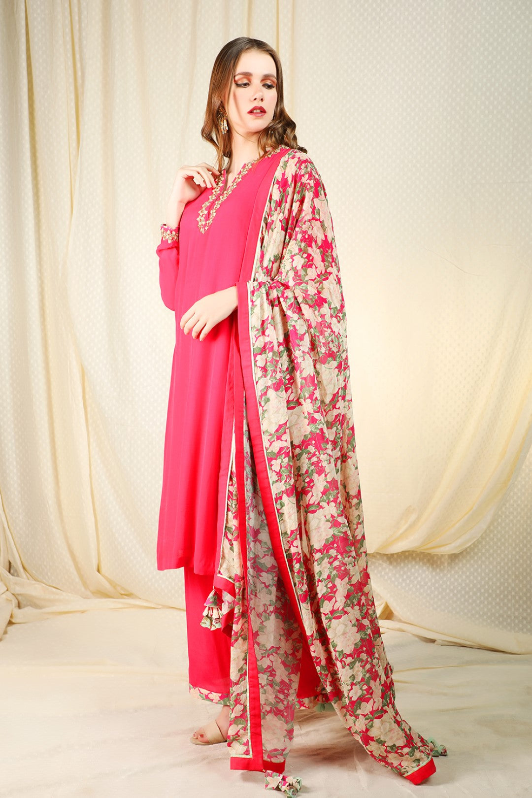 fusia pink crepe kurta and sharara and dupatta