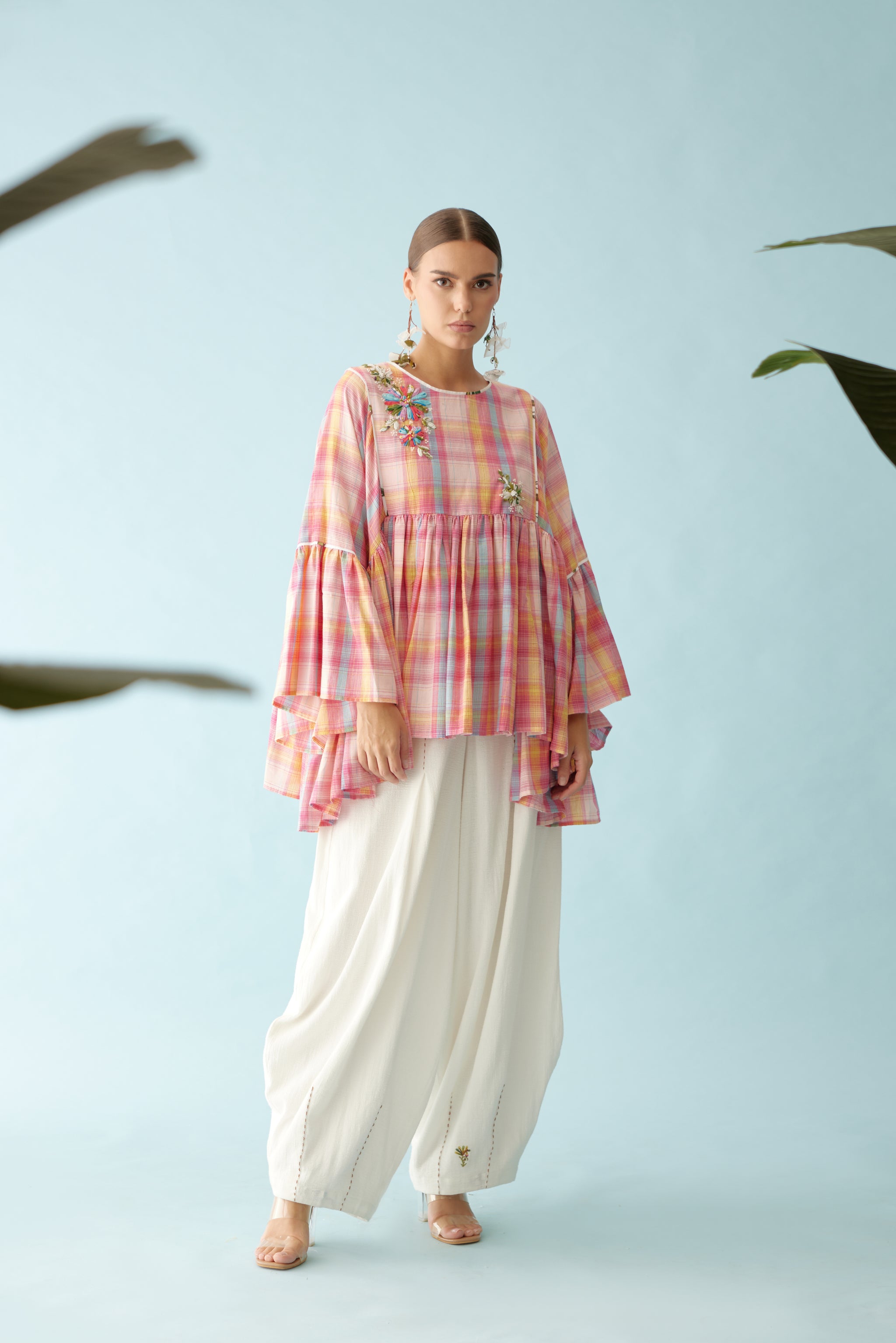 Pink madras checks frill top