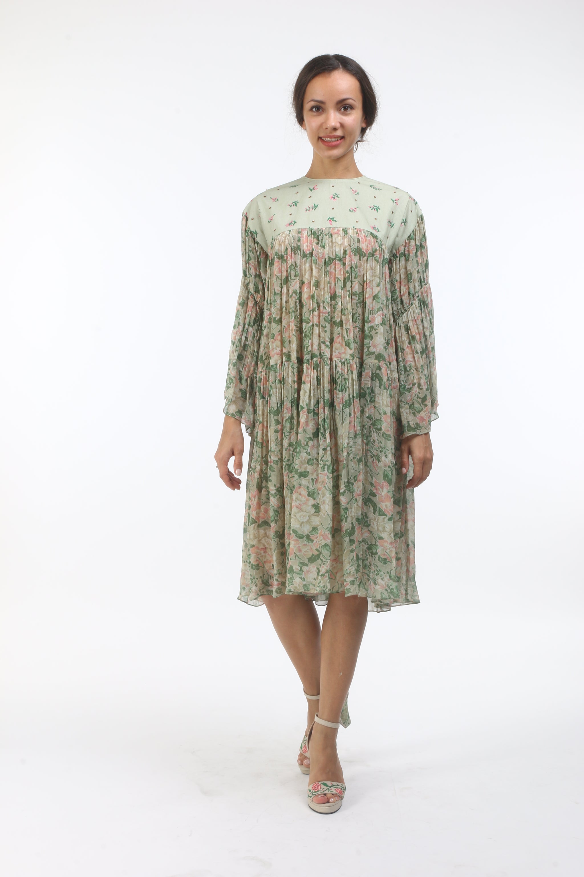 Bloom antique jade tiered georgette dress in bibi jaal and bouquet pri