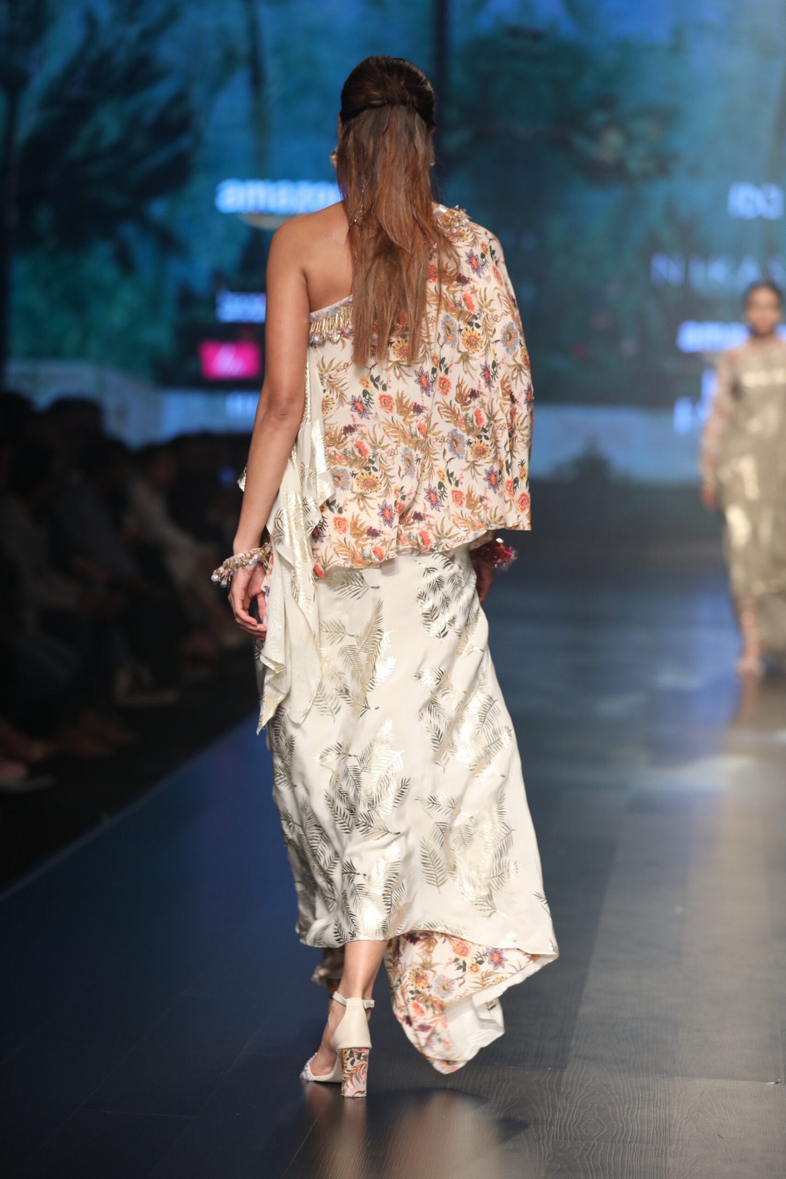 off shoulder flap top with printed asymetrical flap skirt